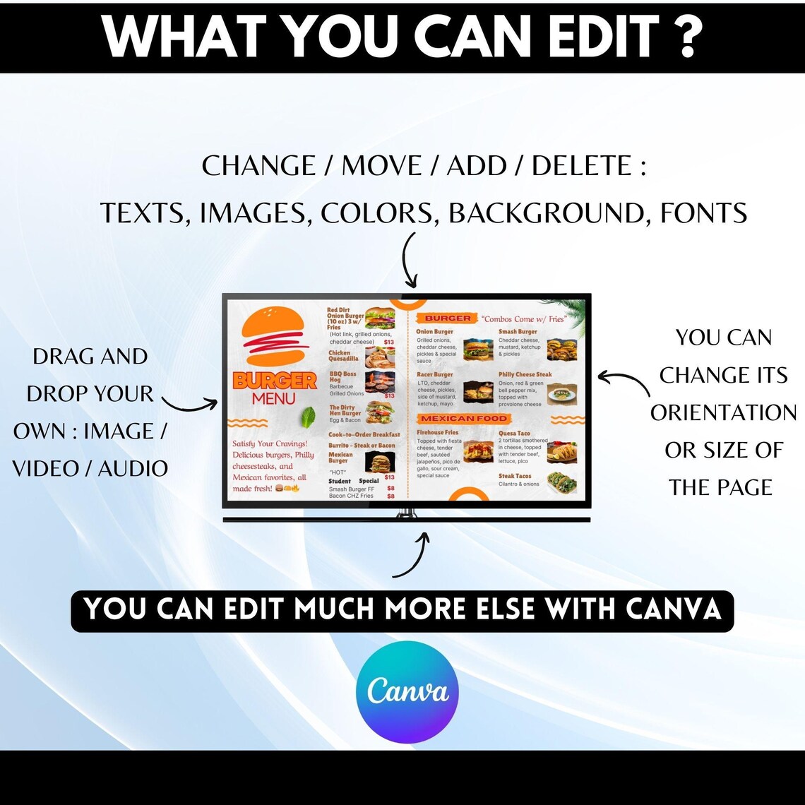 Burger & Mexican Food Digital Menu Board: Restaurant TV Template (canva ...