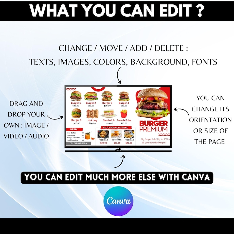 Editable Burger TV Menu Design Canva Template - Premium Digital ...