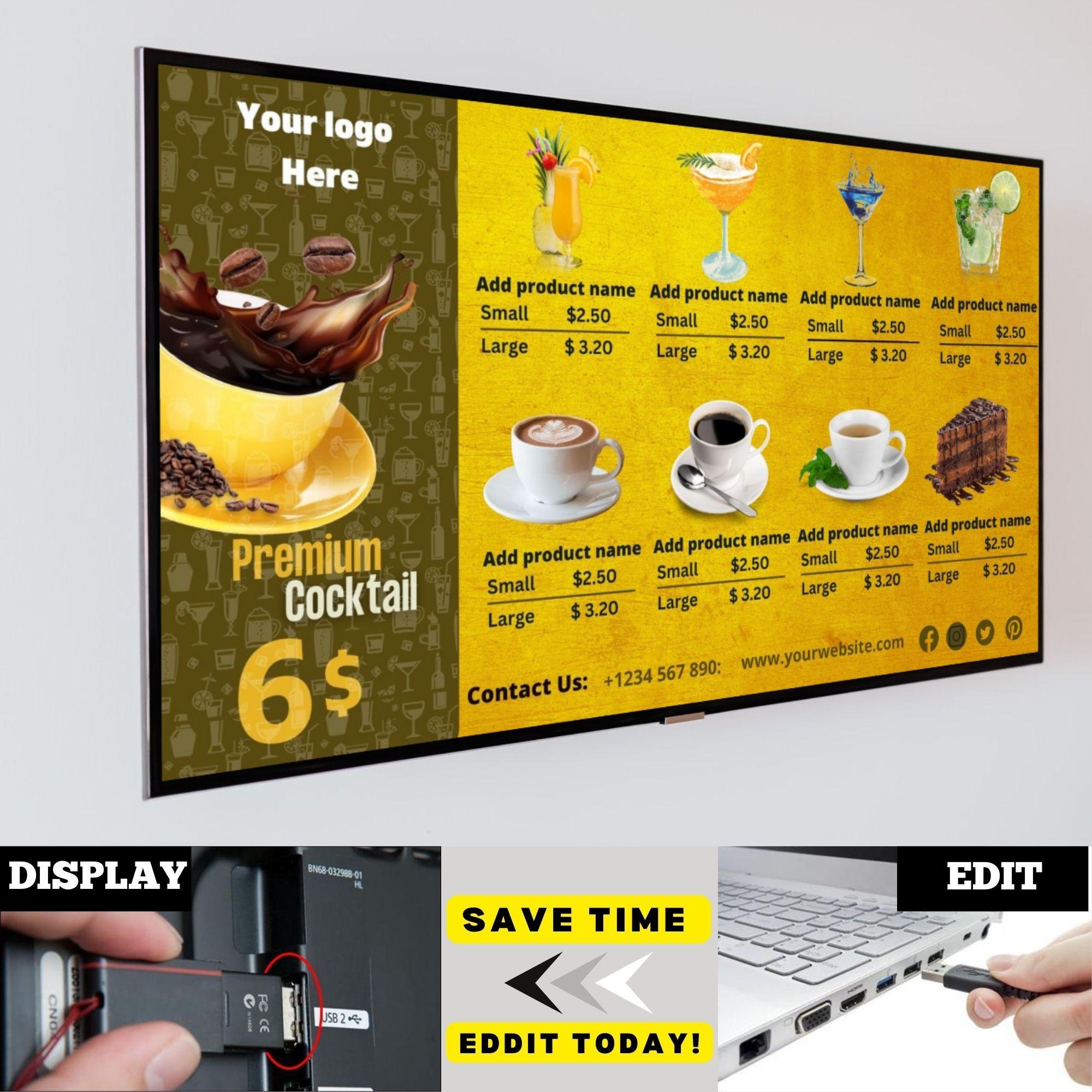 Cocktail Modern Tv Menu Board, TV Menu Board , Coffee Menu, Editable ...