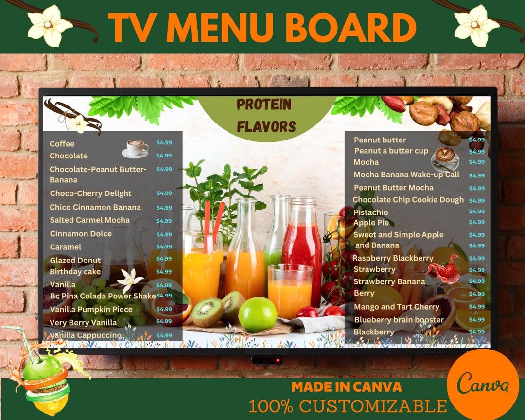 Protein Flavors Menu Board Protein Fruits Menu Tv Menu on - Etsy