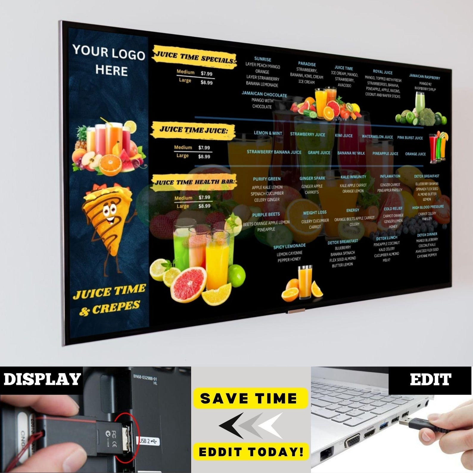 Juices and Crepes Menu Templates, 3 Tv Menu Boards, Drink Price List ...