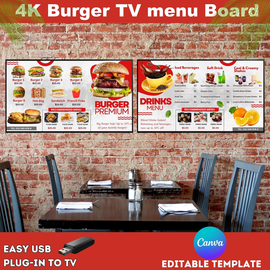4K Digital Burger & Drinks TV Menu Board Template – Editable Digital Template for Static Screens ...