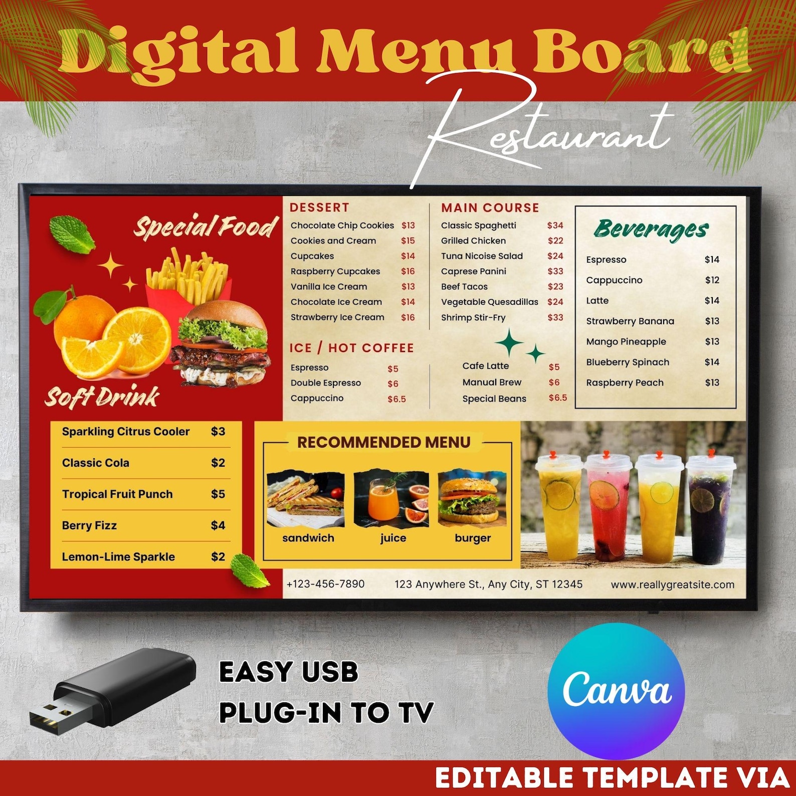 Restaurant Digital Menu Board Template: Modern TV Signage (1920x1080px ...