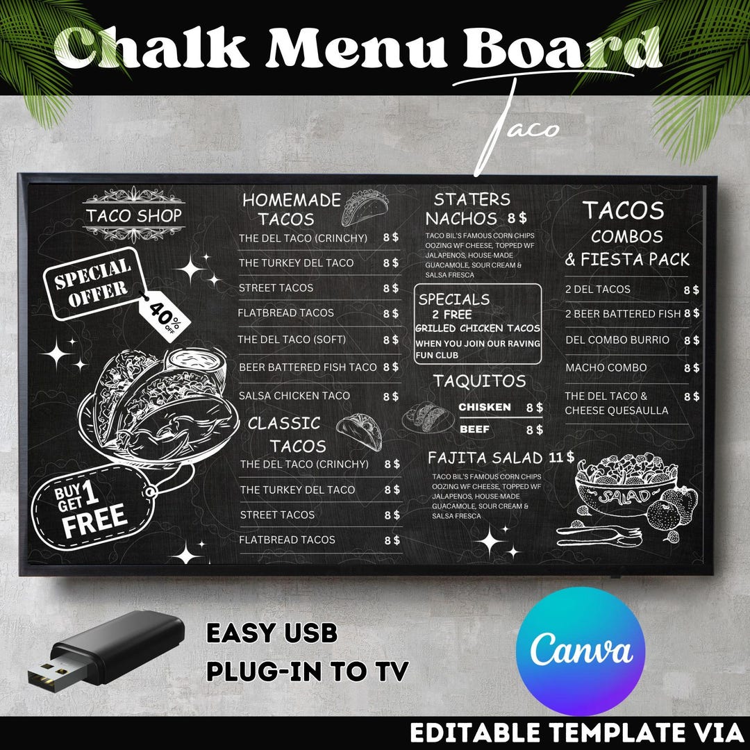 Tacos Restaurant Menu Board: Editable Canva Template (digital Download ...