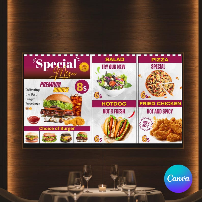 Animated Restaurant Menu Board Template, Editable Canva Design (digital ...