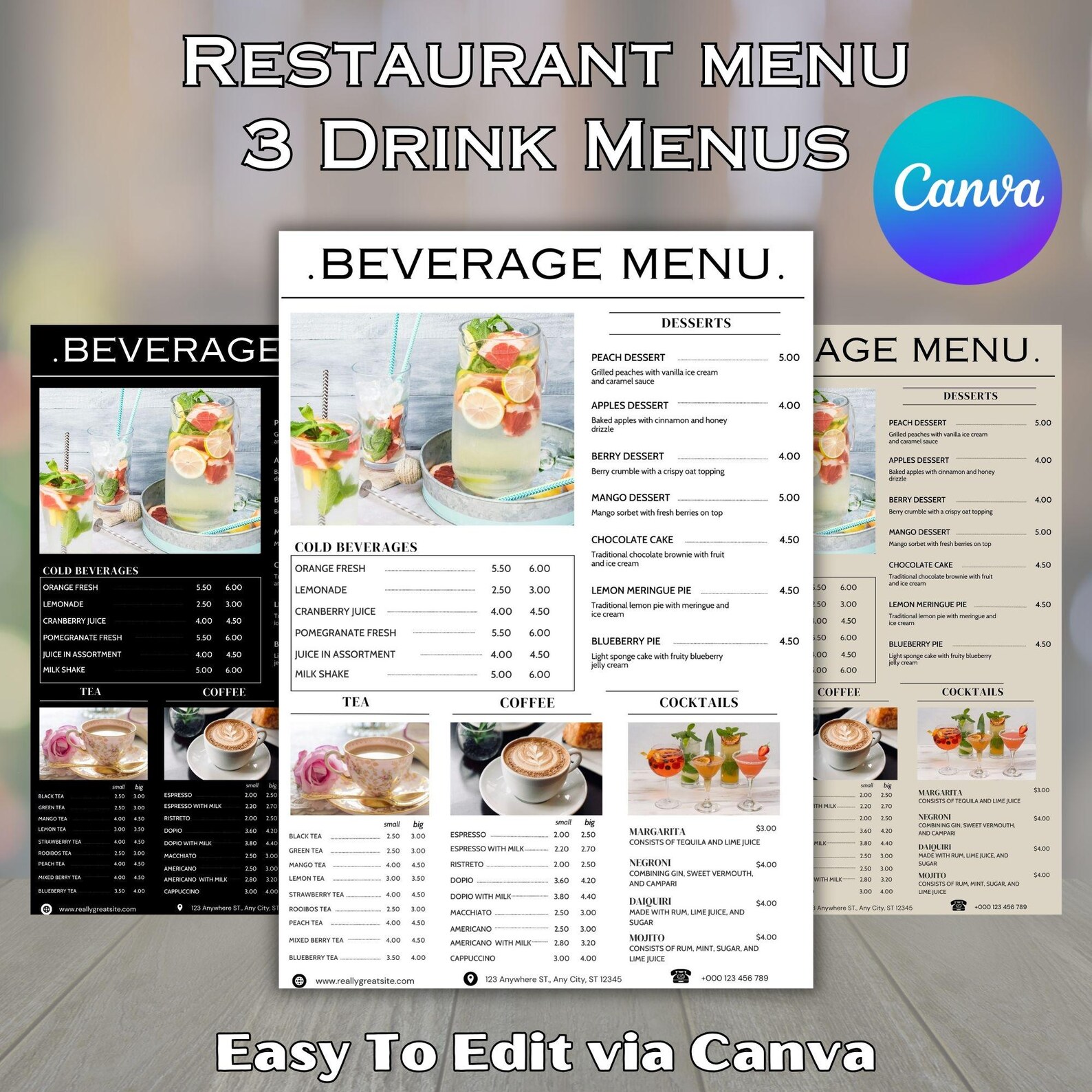 Editable Beverage Menu Bundle - 3 Canva Templates | A4 Drink Menu ...
