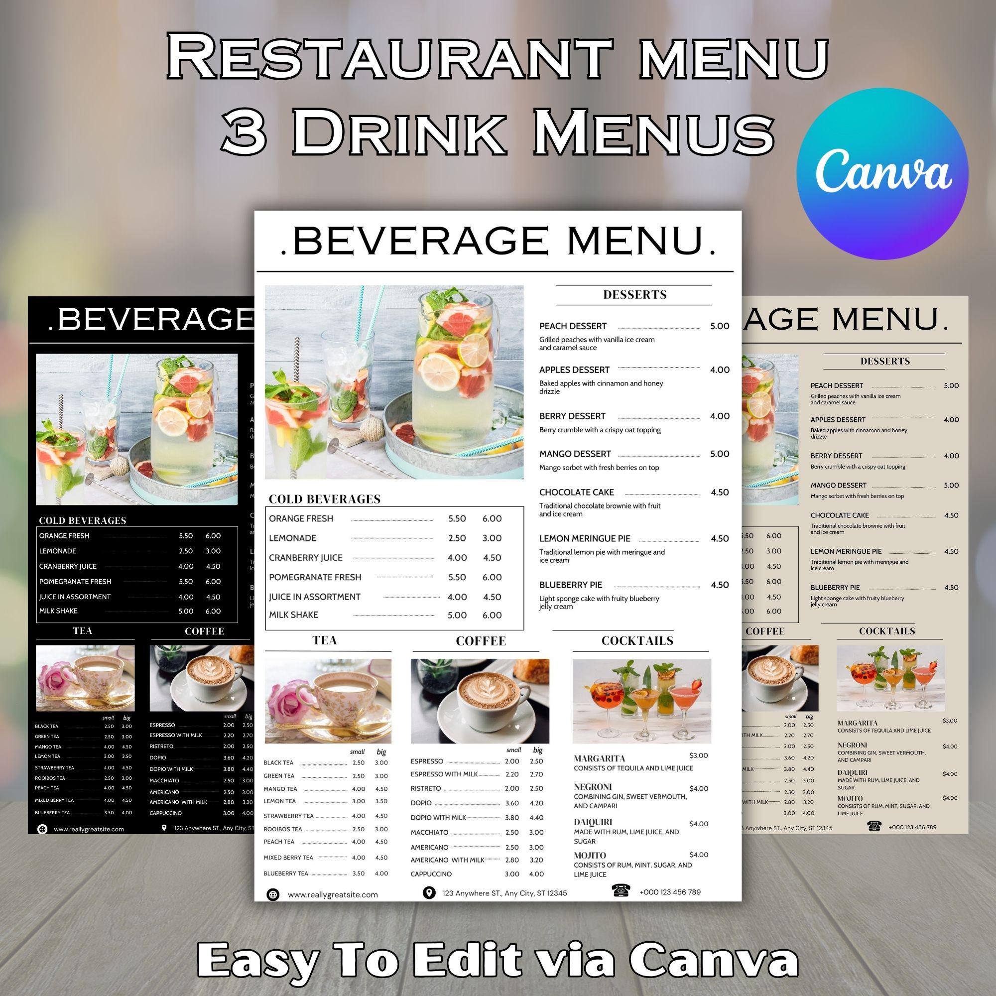 Editable Beverage Menu Bundle - 3 Canva Templates | A4 Drink Menu ...