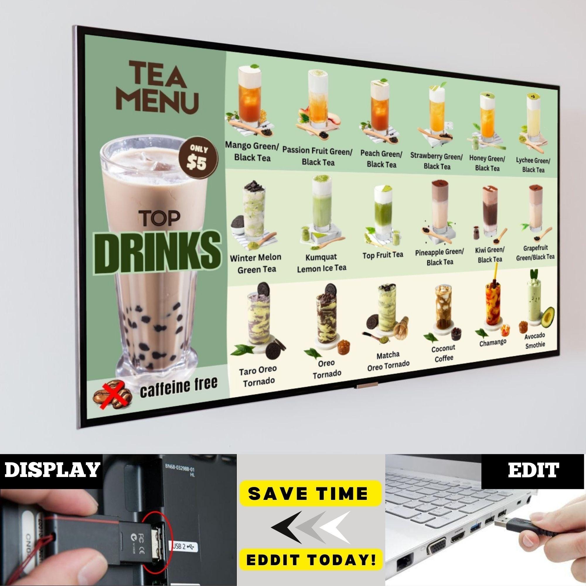 Animated Tea Menu Board Template – Editable Digital TV Menu Design for ...