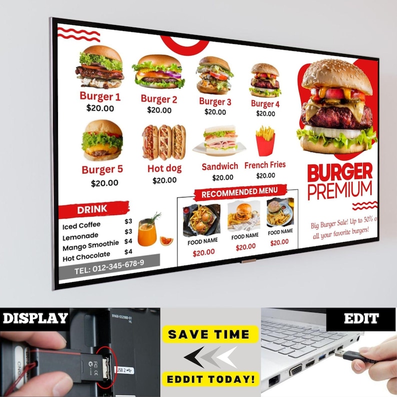 Editable Burger TV Menu Design Canva Template - Premium Digital ...