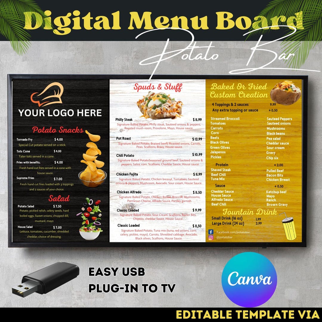 Potato Snacks Menu Board, Digital Menu Board, Potato Bar Menu, TV Menu ...