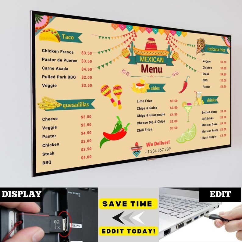 Editable Mexican Food Menu Board Template for Canva, Mexican Food Menu ...