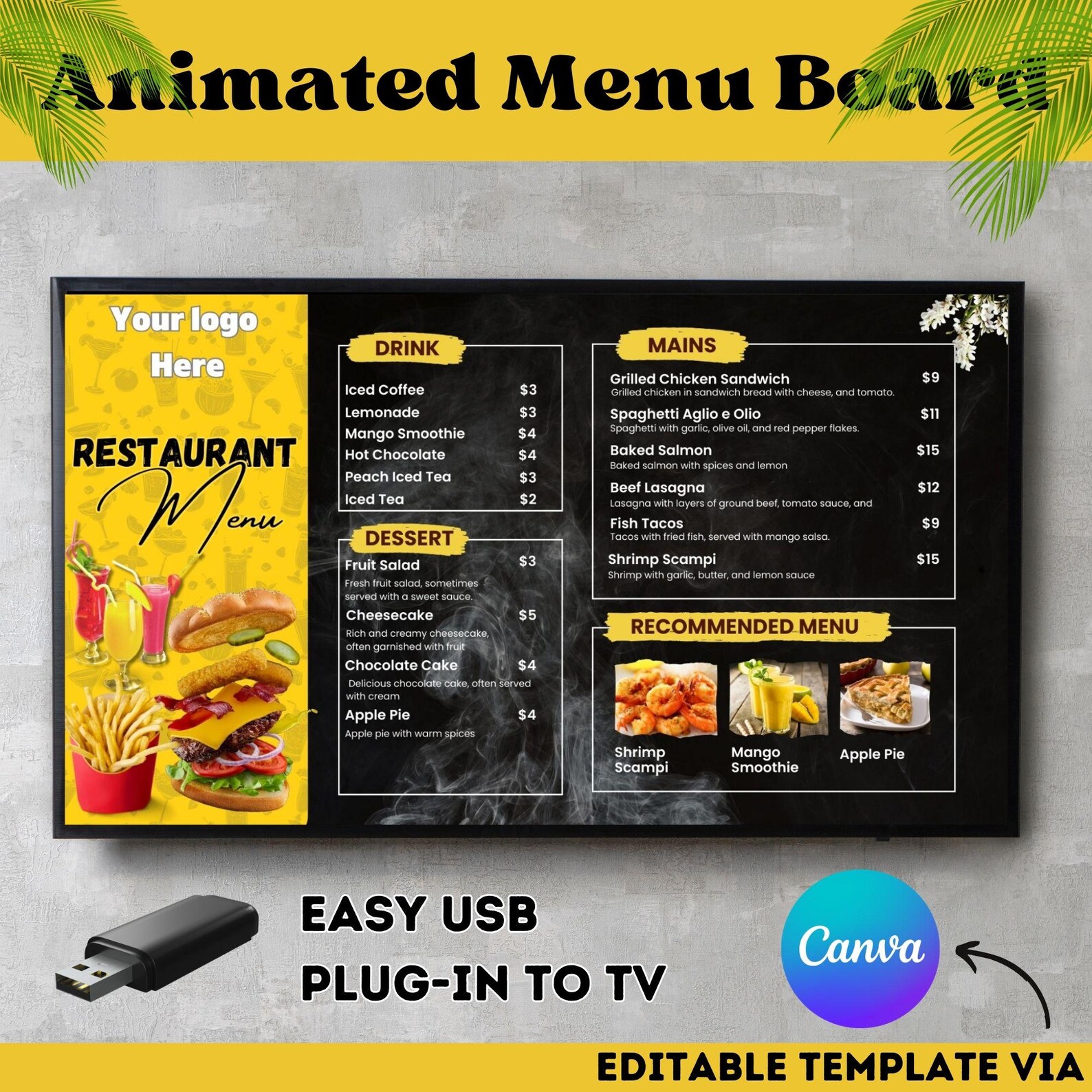 Restaurant TV Menu Board Template: Easy DIY Digital Display (canva) - Etsy