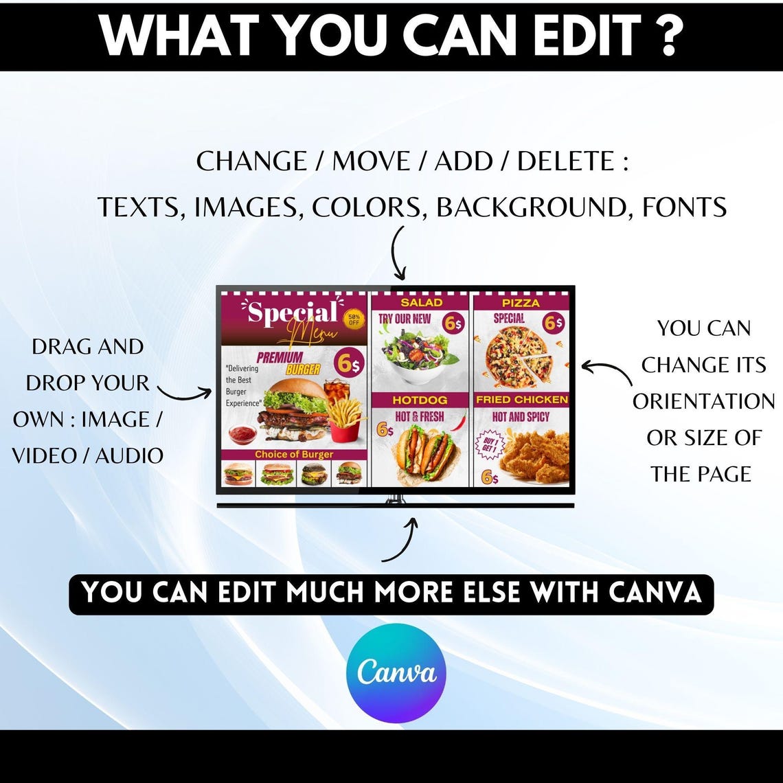 4k Animated Menu Board, Digital Menu Template, Editable Canva Design ...