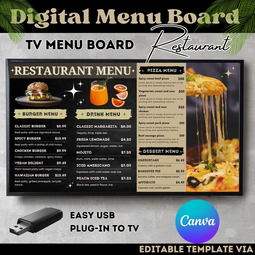 Editable Restaurant TV Menu Board | Digital Menu Board Canva Template ...
