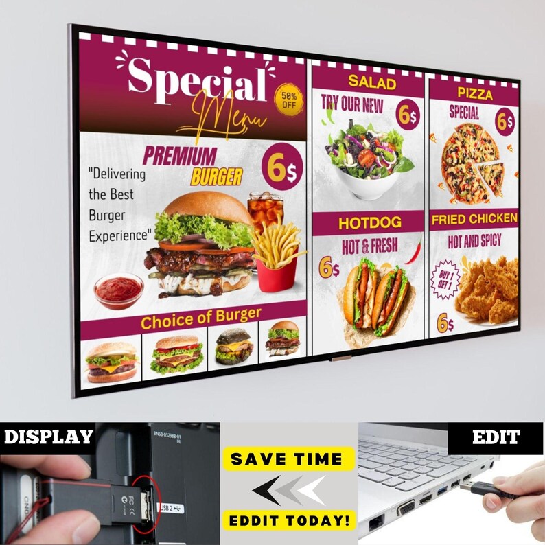 4k Animated Menu Board, Digital Menu Template, Editable Canva Design ...
