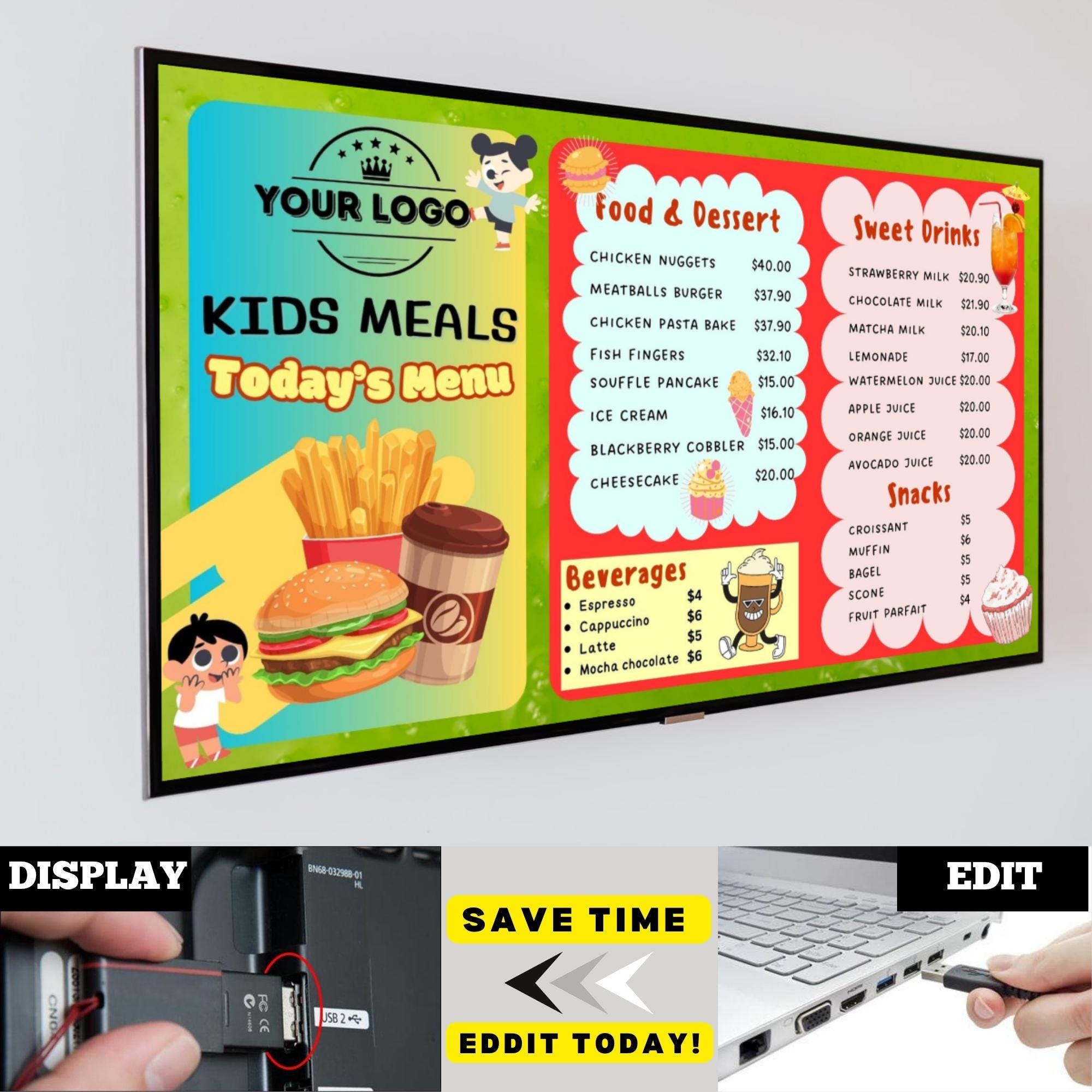 TV Menu Board for Kids, Kids Menu Board for TV, Children's Menu Display ...