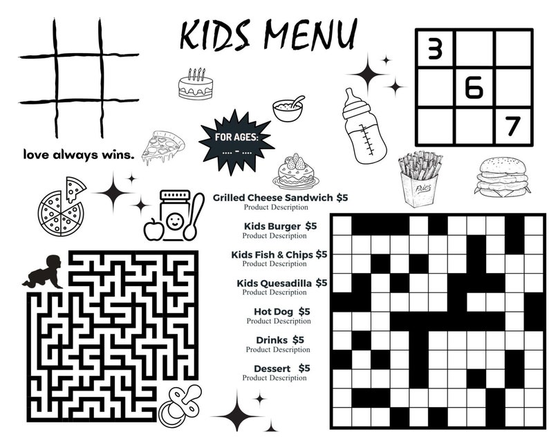 Custom Kids Restaurant Menu: Printable Game Template (PDF) - Etsy