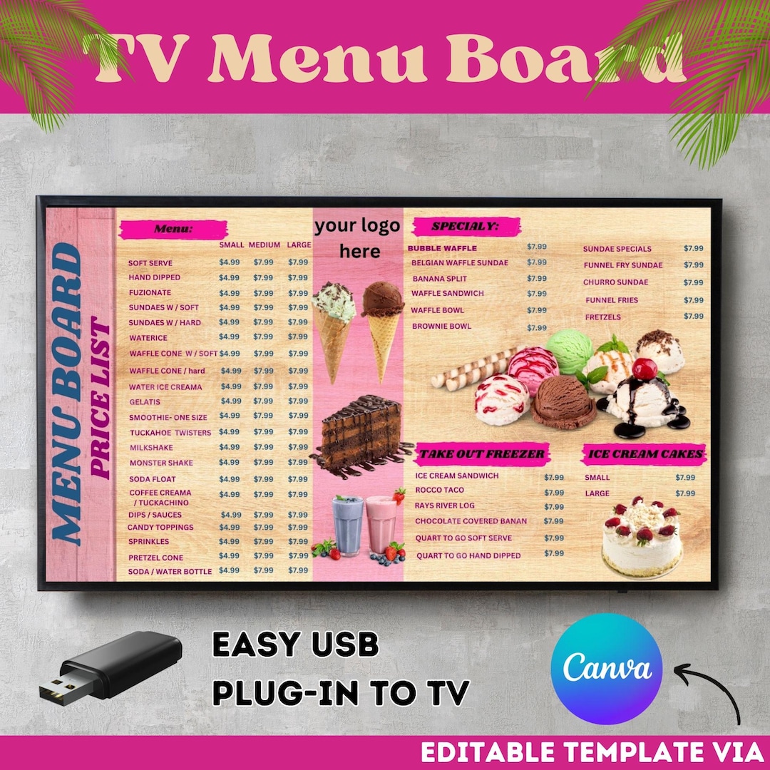 Modern TV Menu Board Template: Restaurant, Ice Cream (canva Editable ...