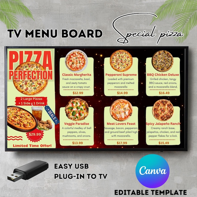 Animated Pizza TV Menu Canva Template - Digital Menu Design for ...