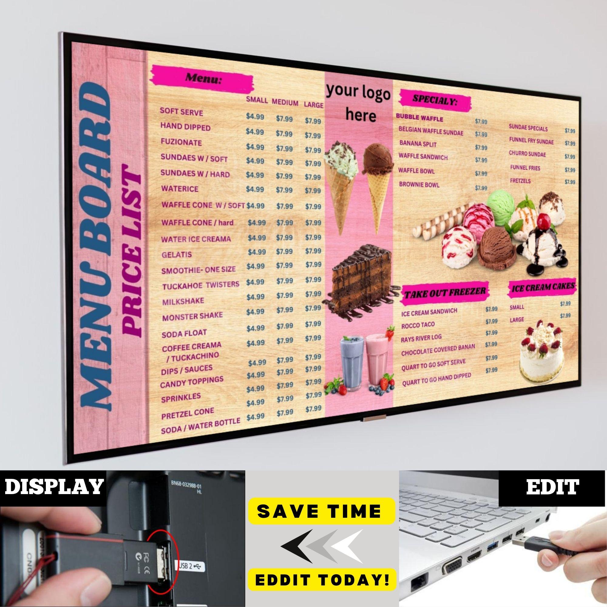 Ice Cream Price List TV Menu Board, Canva Editable Digital Template ...