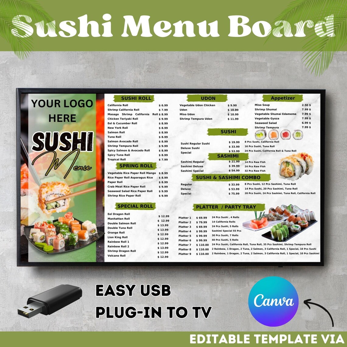 Sushi TV Menu Board Template: Editable Canva Design - Etsy