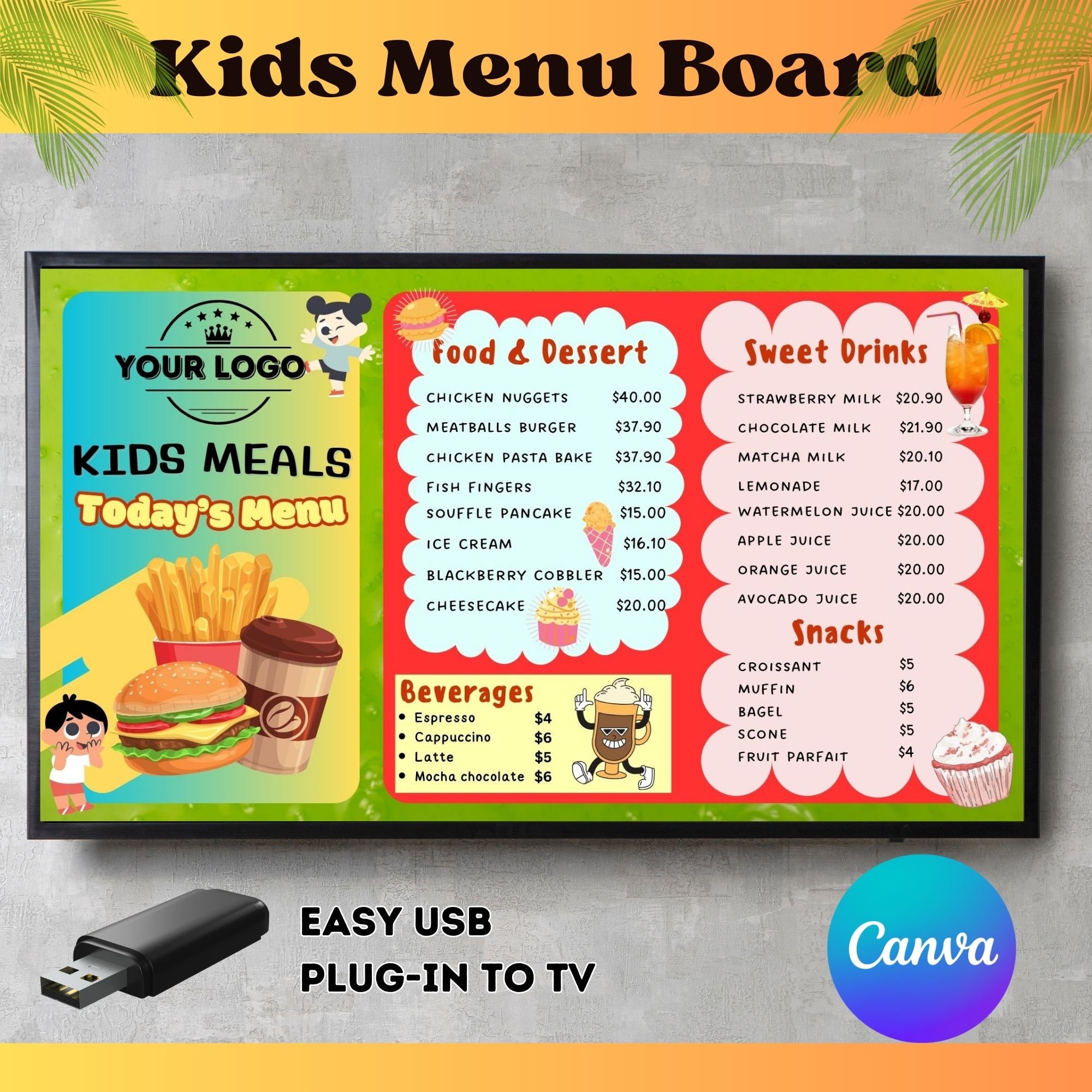 TV Menu Board for Kids, Kids Menu Board for TV, Children's Menu Display ...