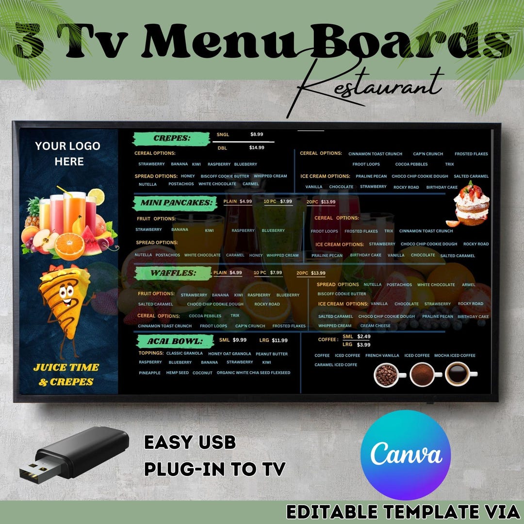 Juices and Crepes Menu Templates, 3 Tv Menu Boards, Drink Price List ...