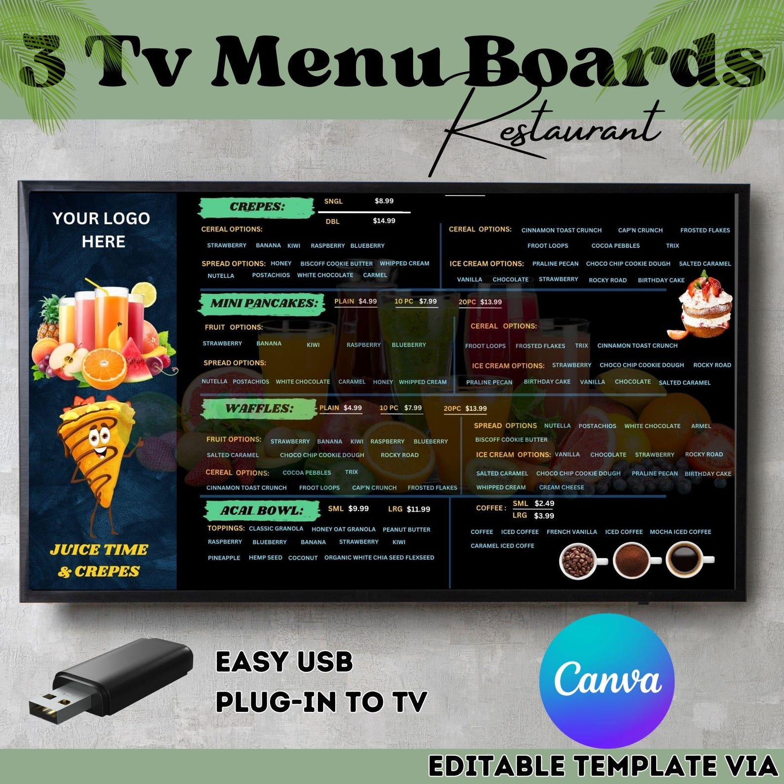Juices and Crepes Menu Templates, 3 Tv Menu Boards, Drink Price List ...
