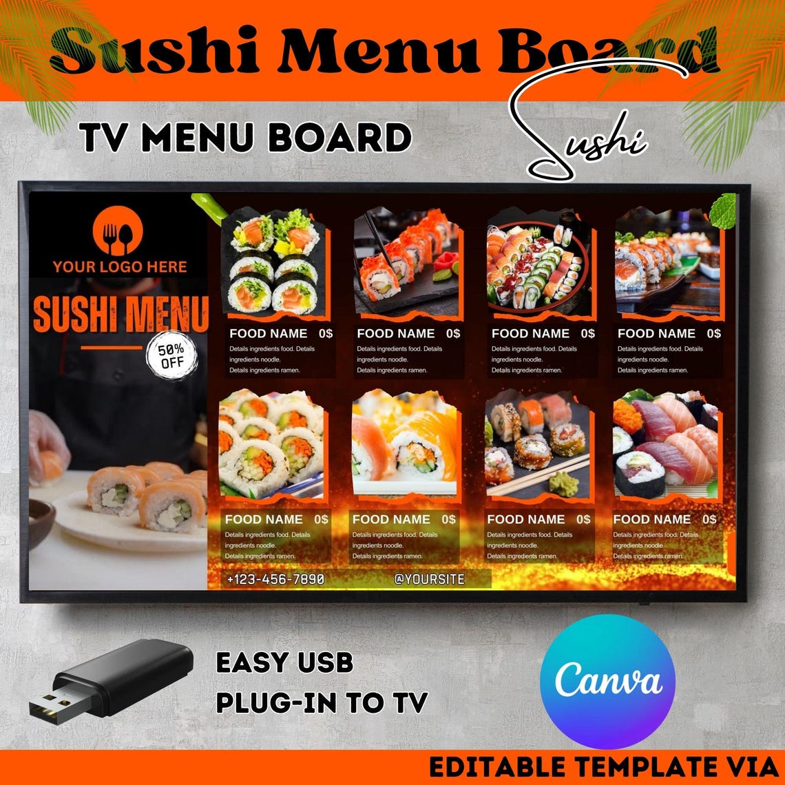 Sushi Menu Board Canva Template | Digital TV Display Design | Animated ...
