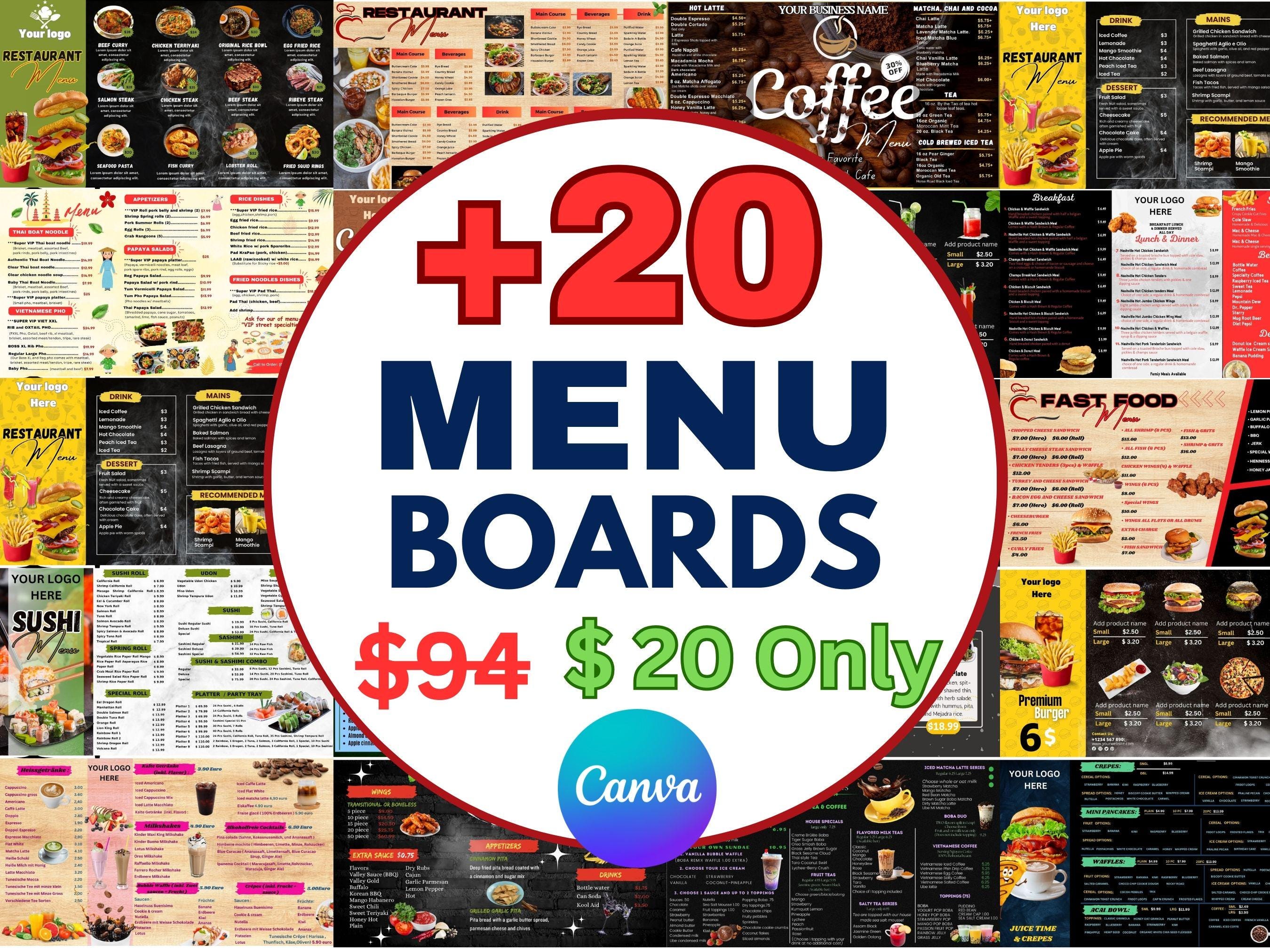 20 Digital Restaurant Menu Boards: Editable Canva Templates - Etsy