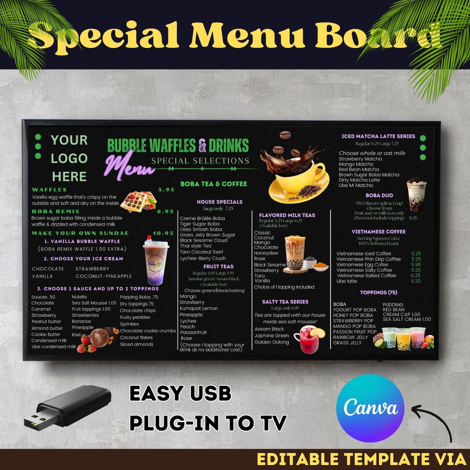 Tv Menu Board for Restaurant, Bubble Waffles Menu, TV Menu Board ...