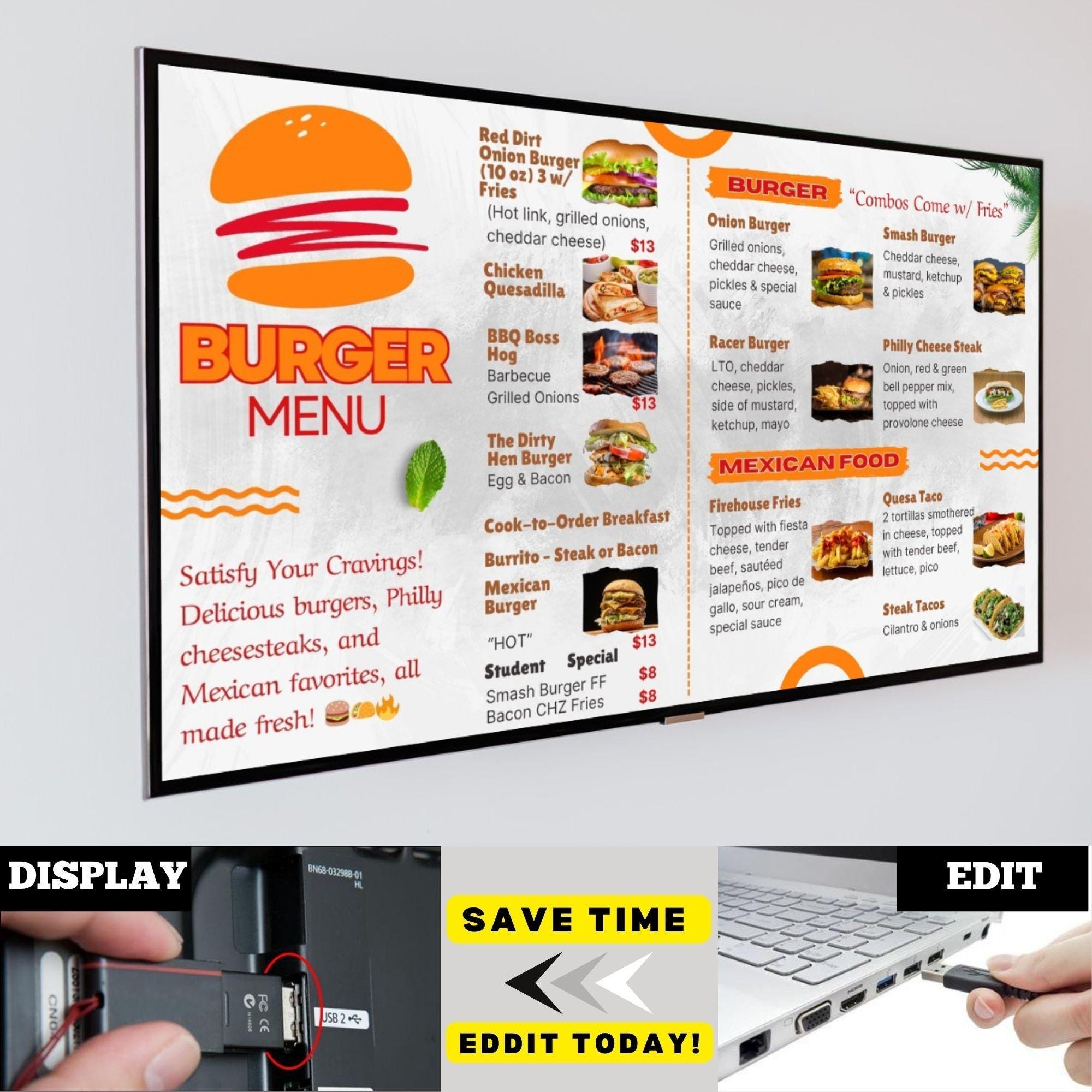 Editable Digital Menu Board for Burger and Mexican Food | Static TV ...
