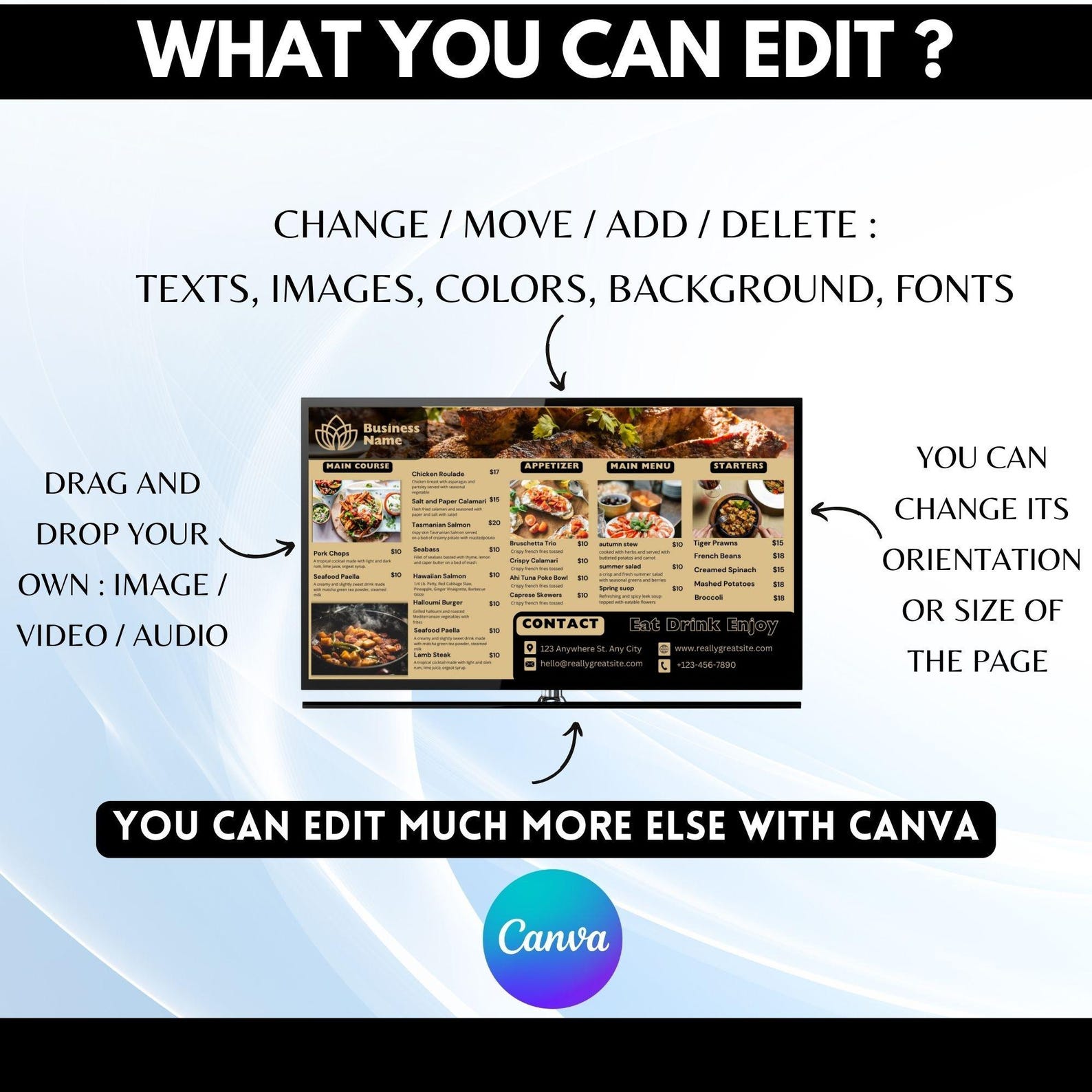 Food and Beverage Digital Menu Board Bundle | Editable Canva Templates ...
