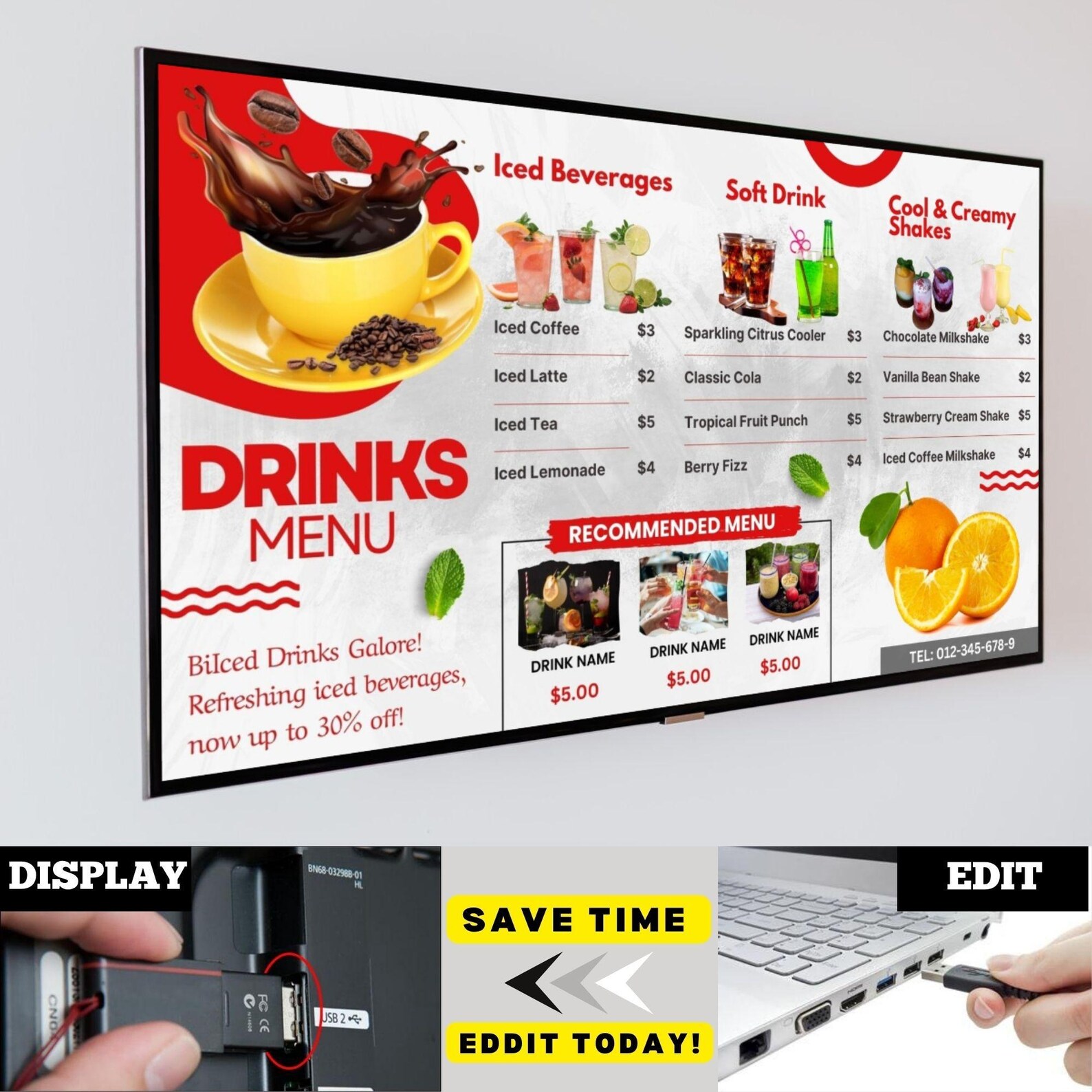 Iced Drinks Menu Board Template: Editable TV Screen Display (digital ...