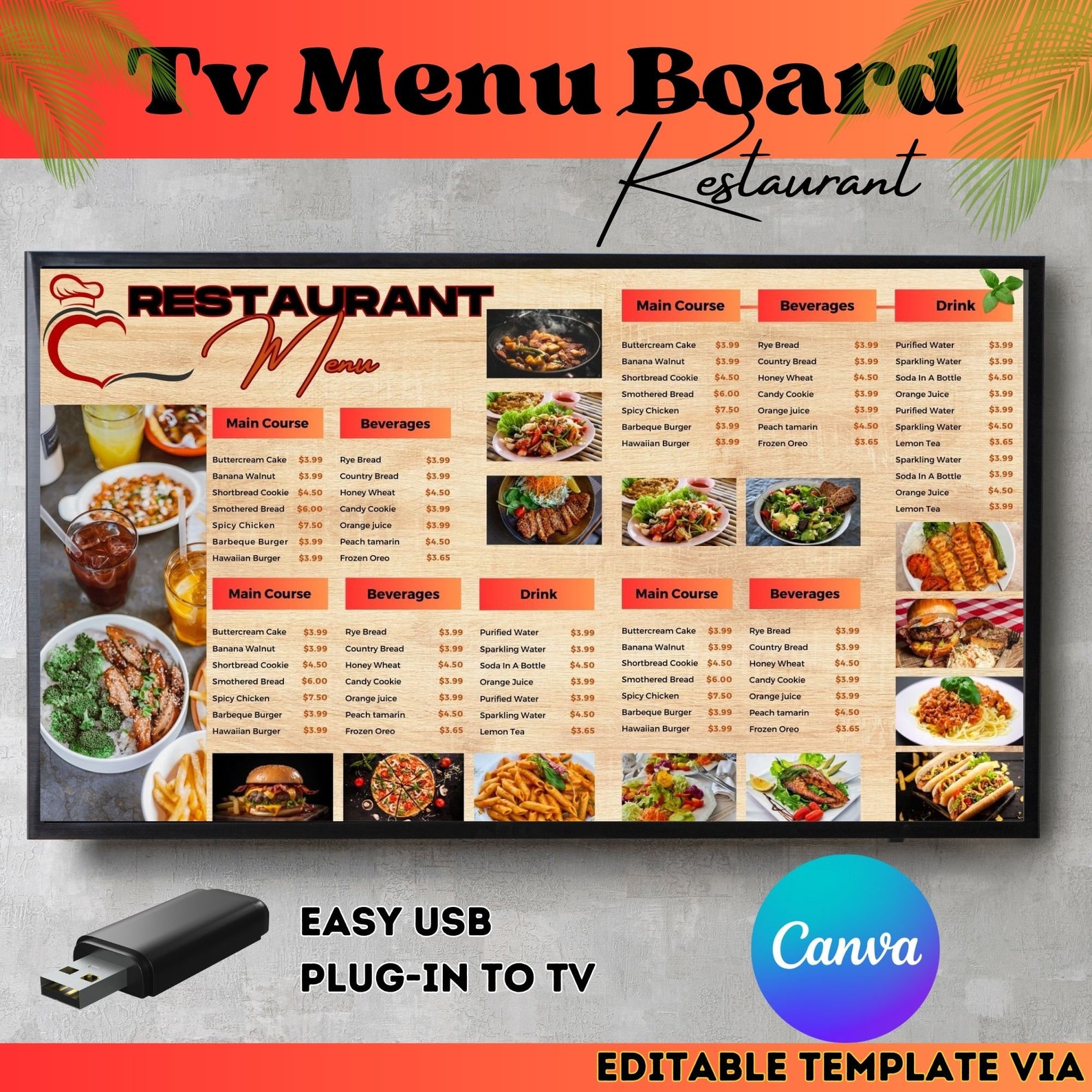 Restaurant TV Menu Board Template: Editable Digital Signage - Etsy