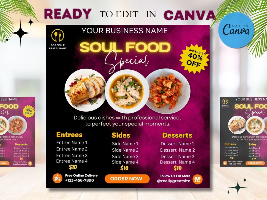 Soul Food Flyer, Dinner Special Social Media Flyer, Dinner Menu, Sunday ...