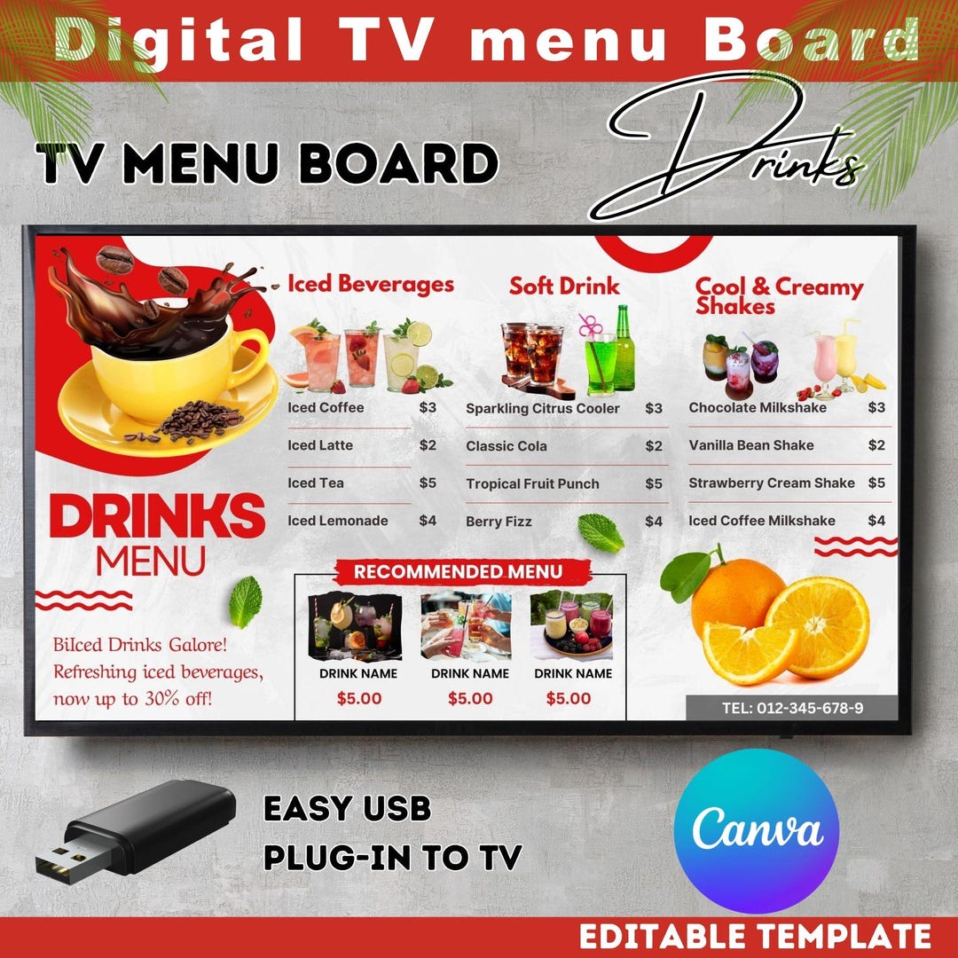 Iced Drinks Menu Board Template: Editable TV Screen Display (digital ...