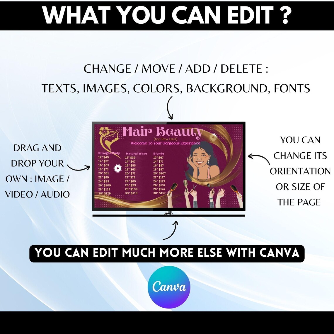 Hair Salon Price List TV Menu Board: Editable Canva Template - Etsy