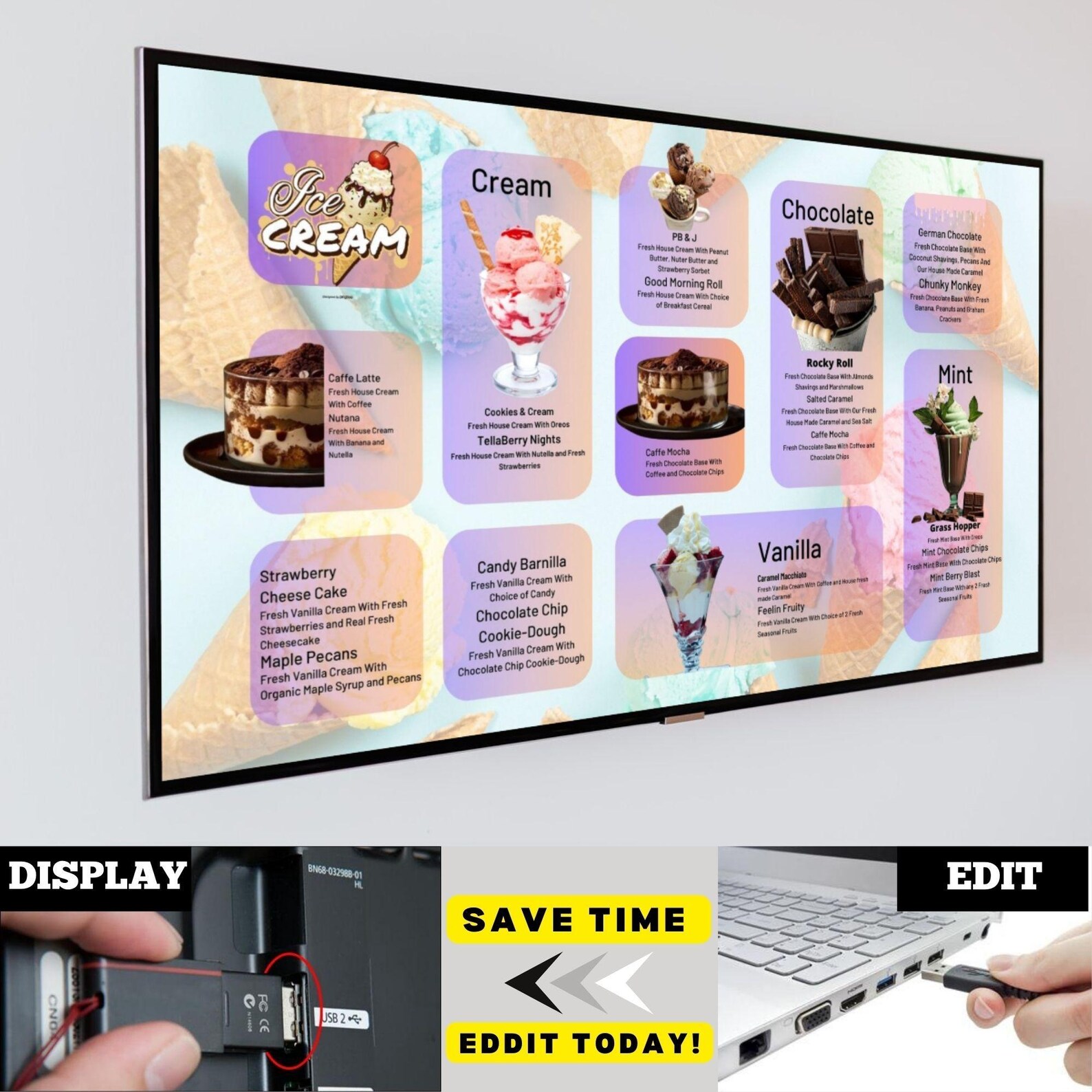 Ice Cream Menu Board Design: Restaurant Digital Signage (canva Template ...