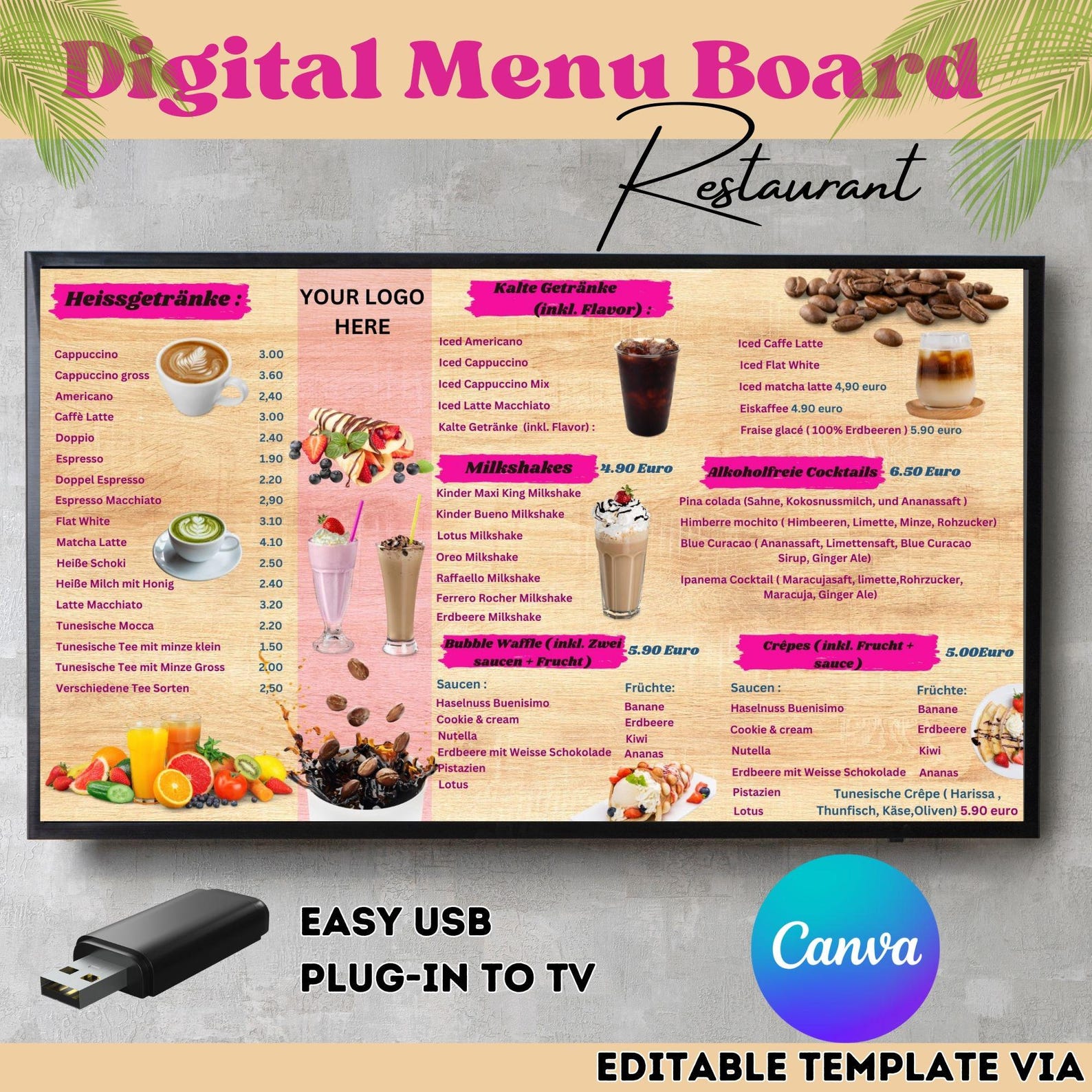 Restaurant Menu Board Template: Minimalist TV Display (canva) - Etsy