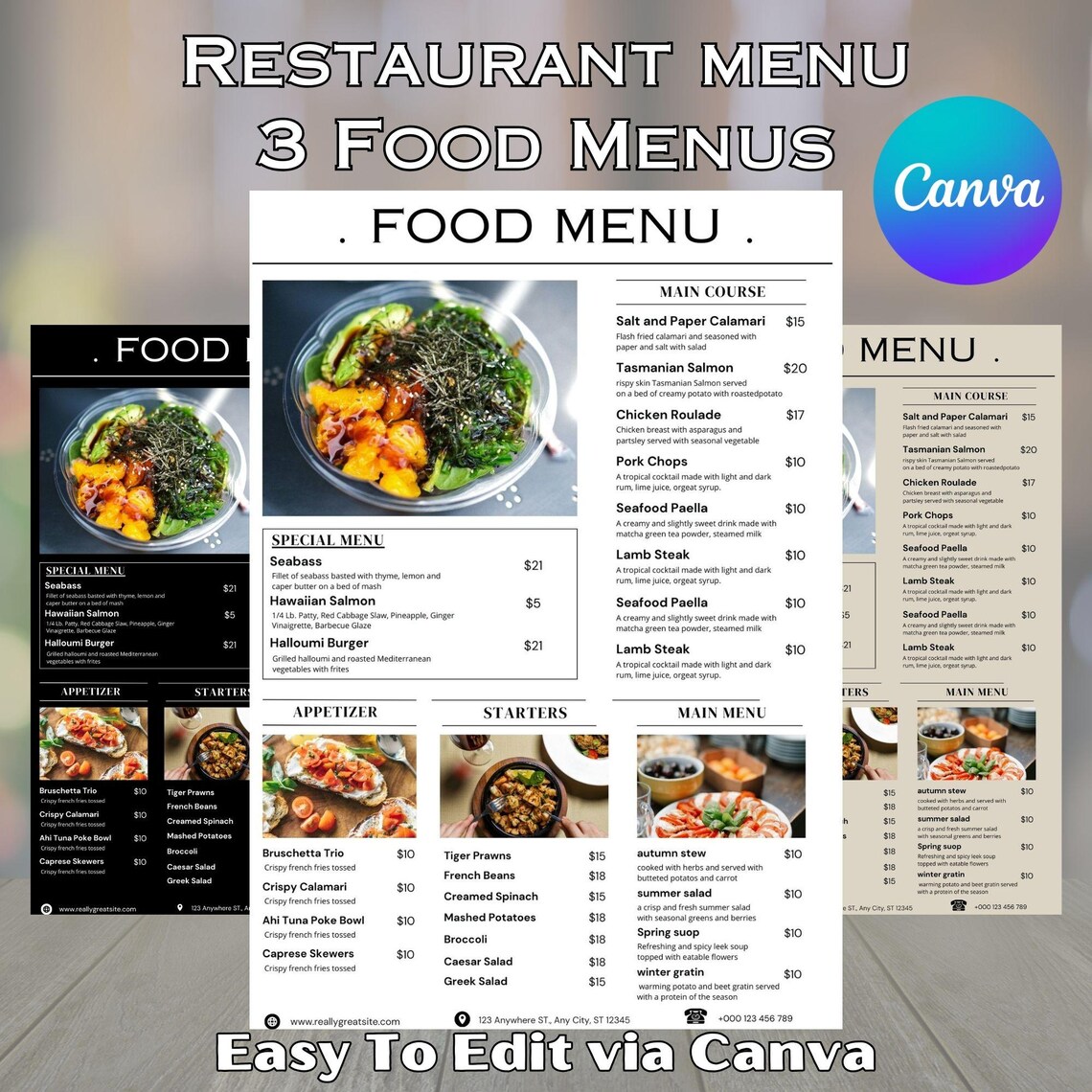 Restaurant Menu Bundle 3 Editable A4 Food Menus Digital Download ...