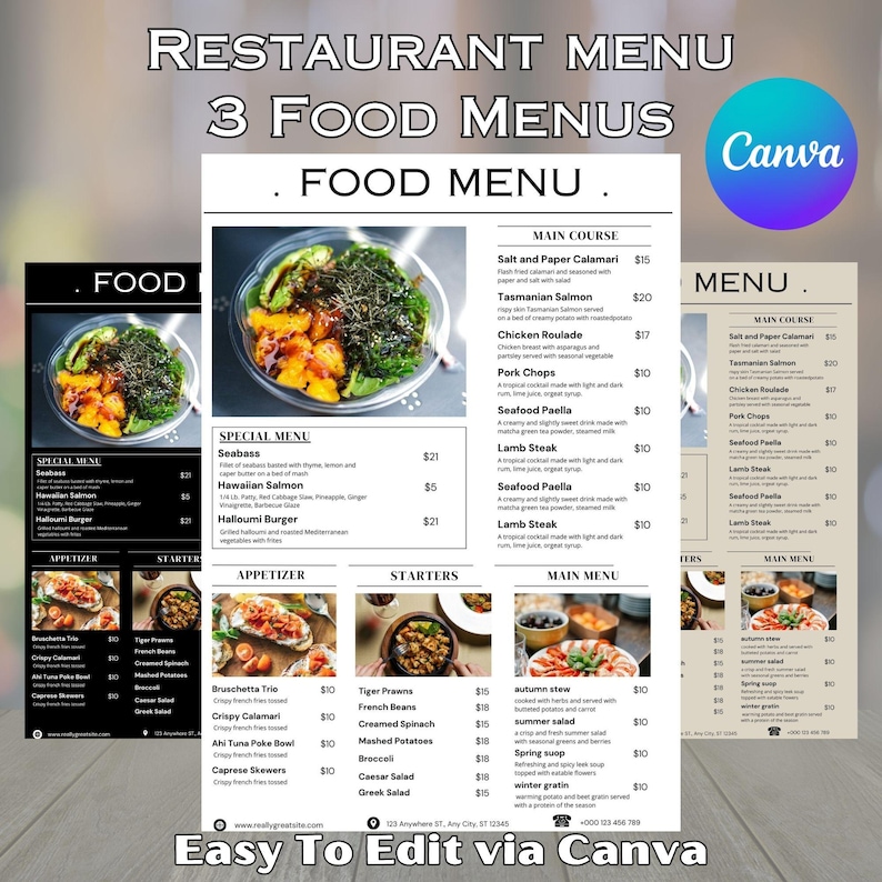 Restaurant Menu Bundle - 3 Editable A4 Food Menus | Digital Download ...