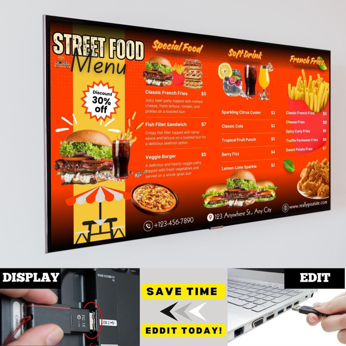 Street Food TV Menu Board, Food Truck Digital Menu Board, Editable ...