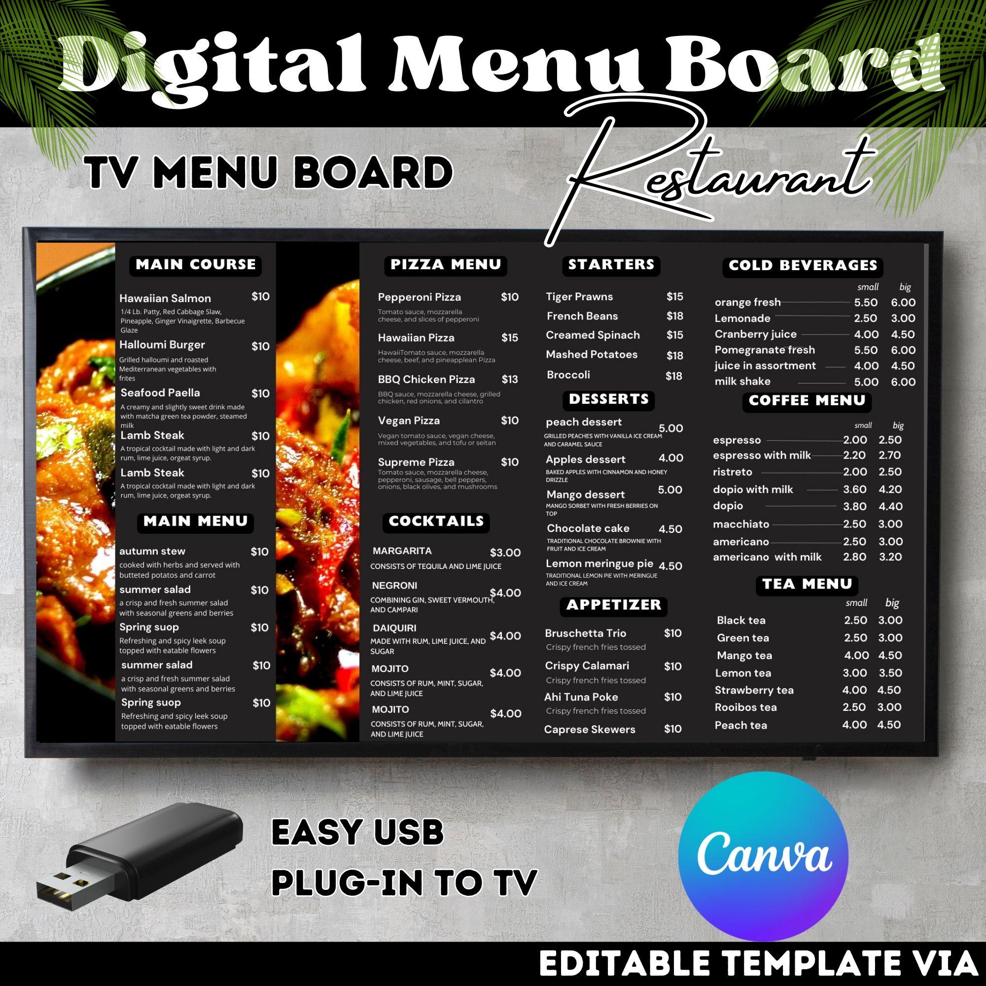 Digital Restaurant Menu Board Template: Editable Canva Design (PDF) - Etsy