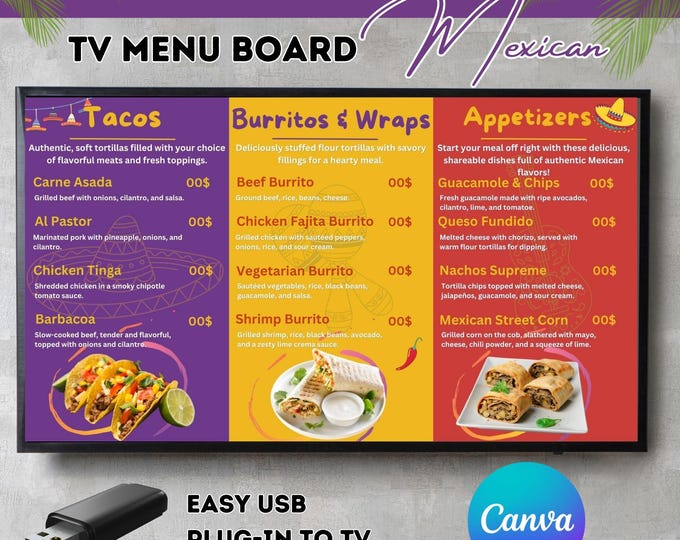 Mexican Restaurant Menu Board Template: Animated TV Screen (digital ...