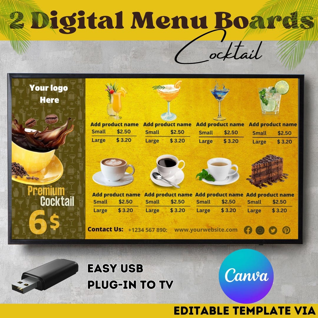 Cocktail Modern Tv Menu Board, TV Menu Board , Coffee Menu, Editable ...