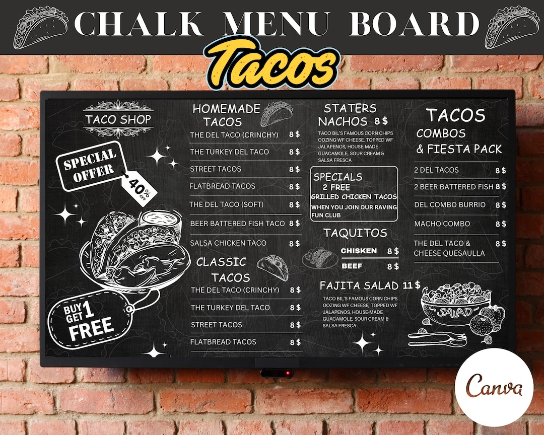 Tacos Menu for Restaurants, Tv Menu Board, Chalk Menu Board, Taco Menu ...