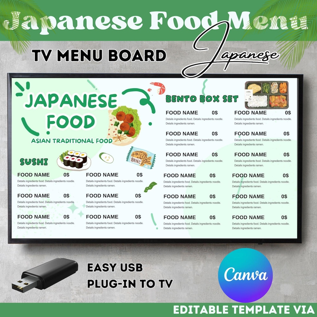 Japanese Food Menu Board Canva Template | Sushi & Bento Box Menu Design ...