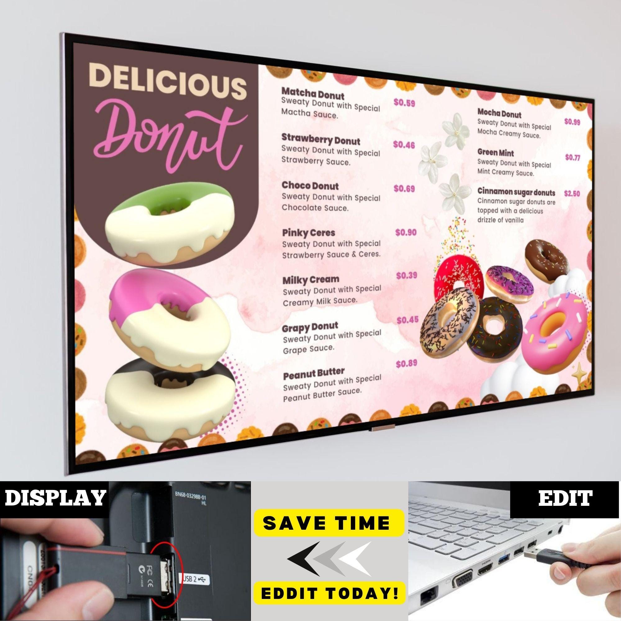 Donuts TV Menu Board Template: Modern Digital Signage - Etsy