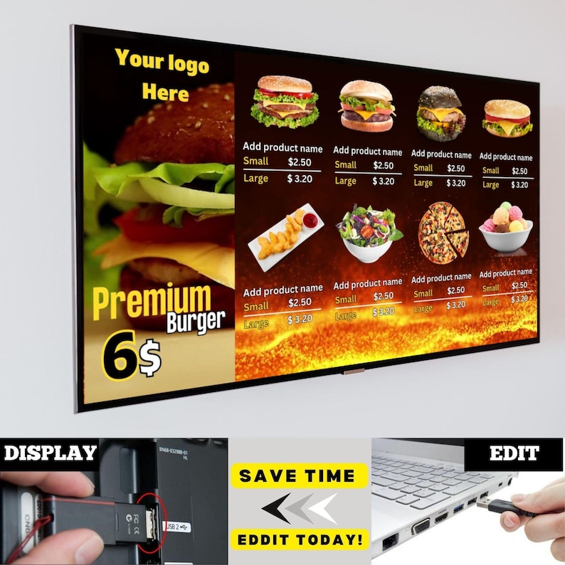 Burger Restaurant TV Menu Board: Editable Canva Template (digital ...